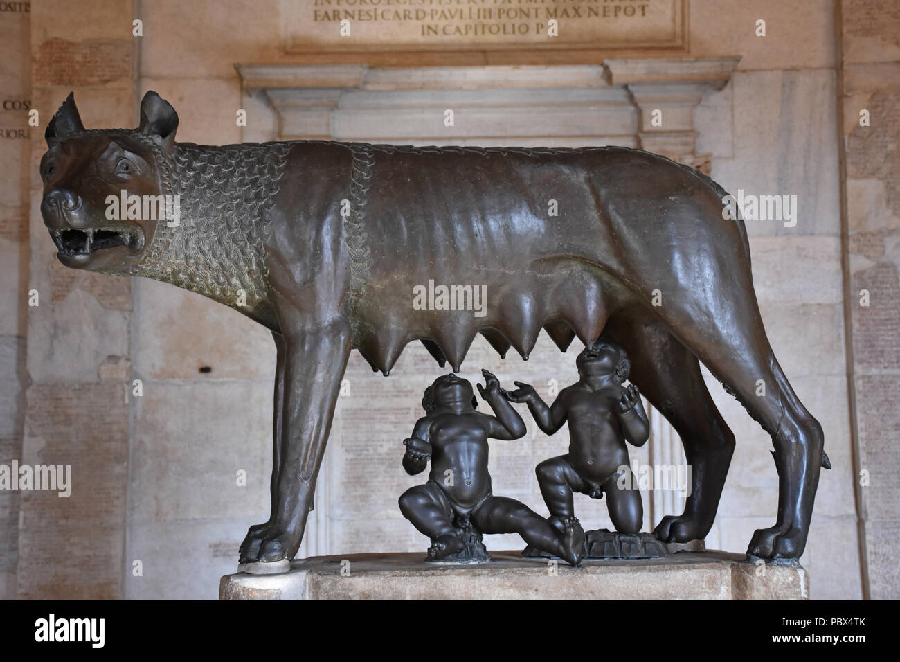 Rome, bronze sculpture of the suckling she-wolf, symbol of the city, in ...