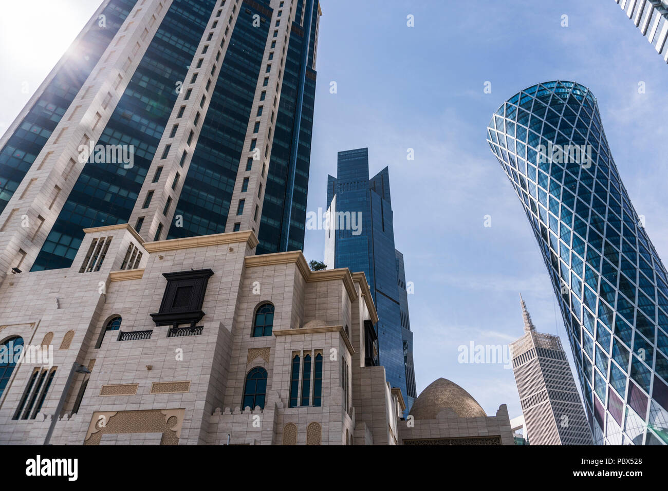 DOHA, QATAR - FEB 2018: Wide Angle Shot of Modern Blue High Skyscrapers ...