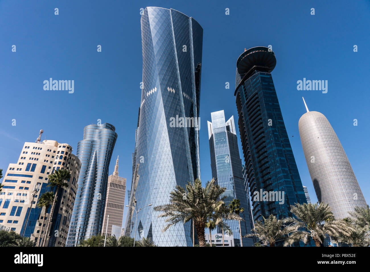 DOHA, QATAR - FEB 2018: Wide Angle Shot of Modern Blue High Skyscrapers ...