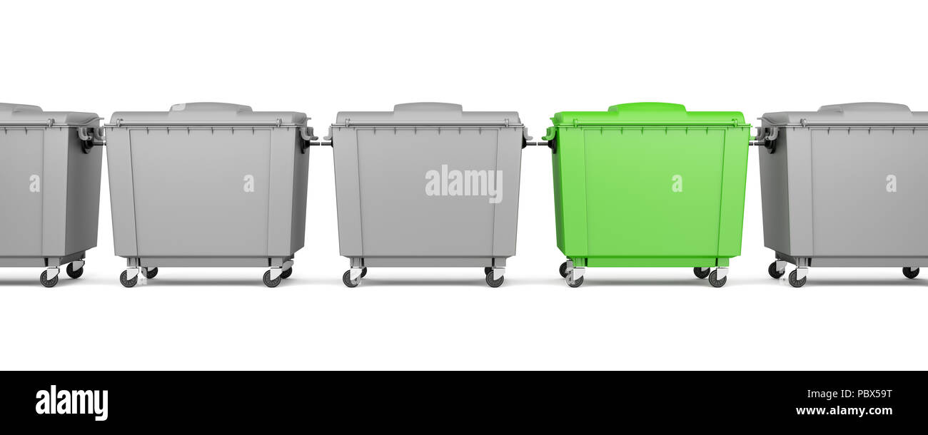 green garbage container among gray containers isolated on white ...