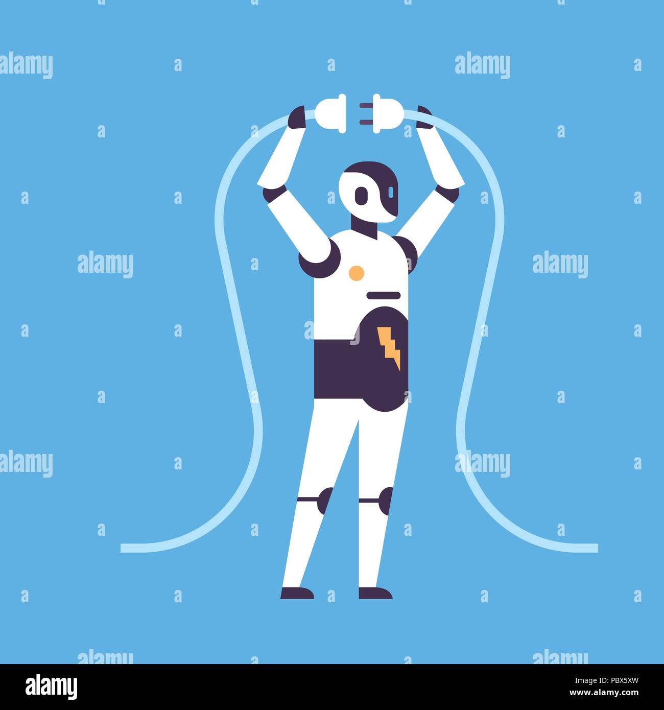 robot ready to connect inserting electrical plug in socket huge wired ...