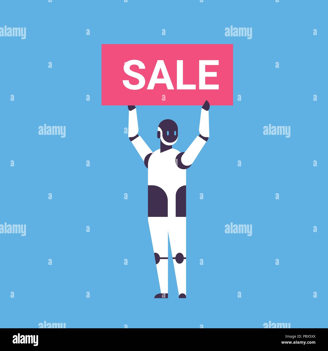 robot holding sale discount board bot helper shopping season concept ...