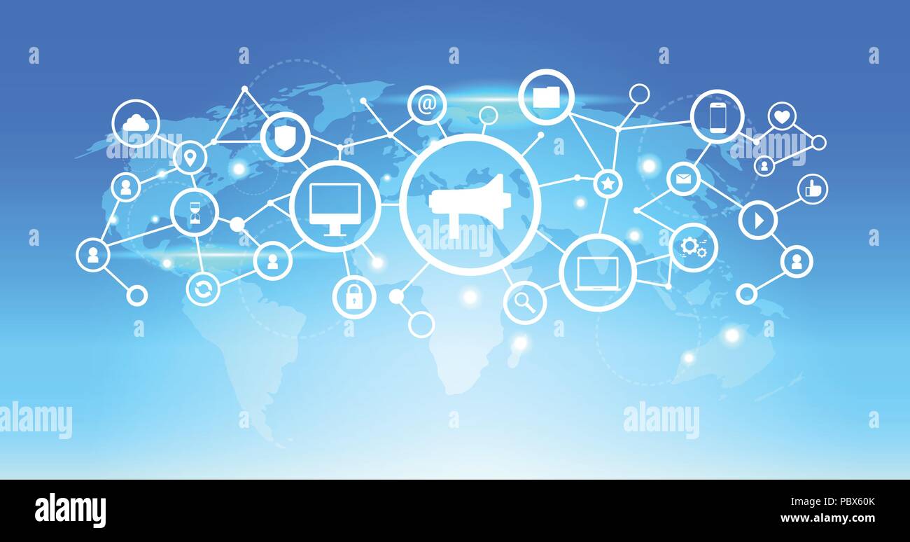 world map futuristic interface social media network icon loudspeaker ...