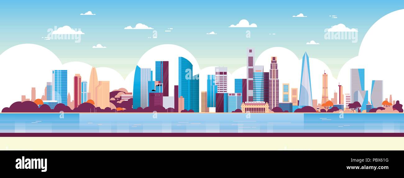 modern city skyscraper panorama view cityscape background skyline flat ...