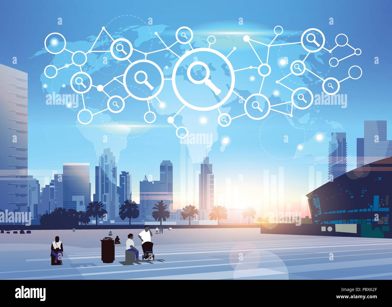 world map zoom magnifying icon search network futuristic interface seo ...