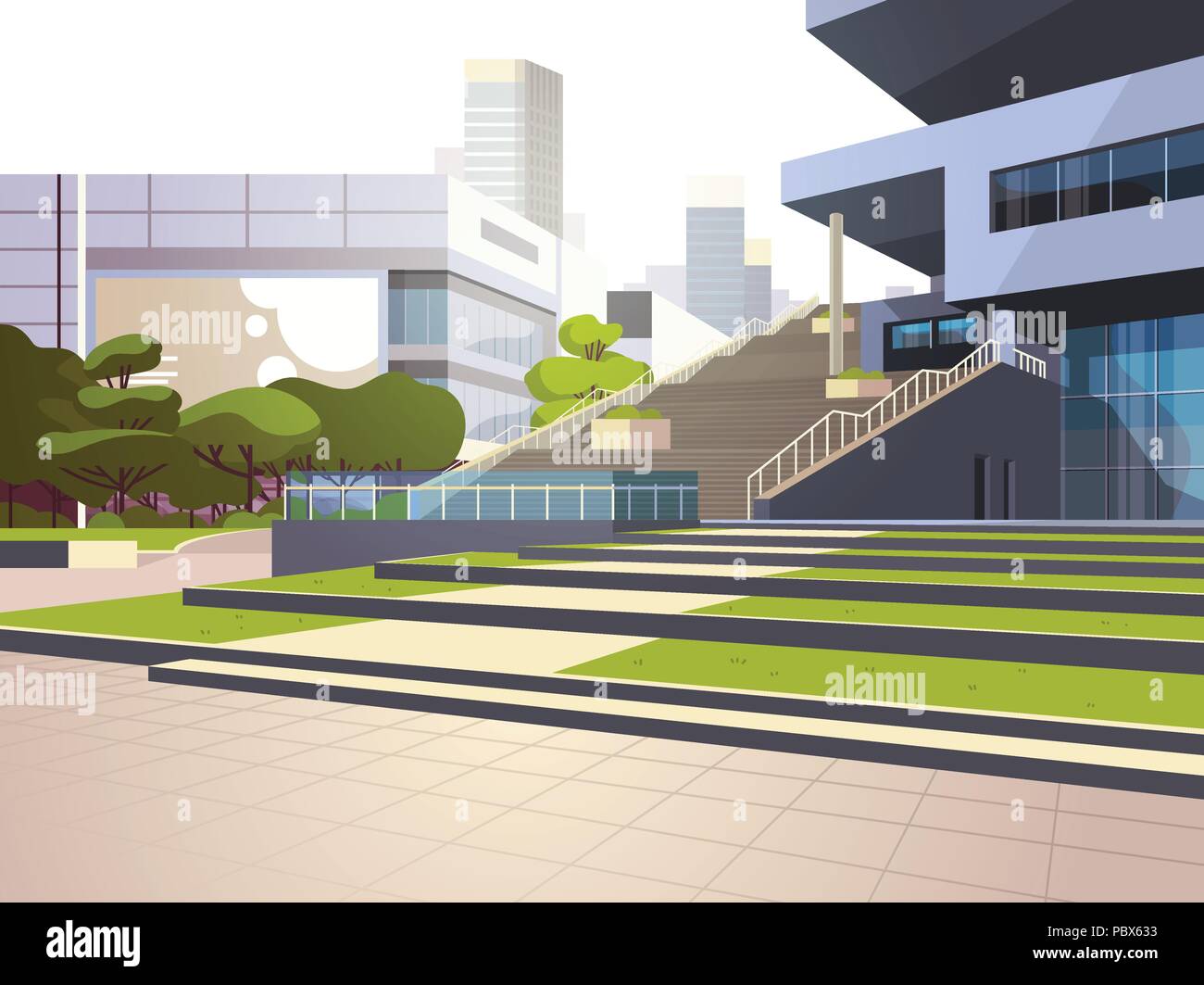 modern office building stairs exterior view over skyscraper buildings ...