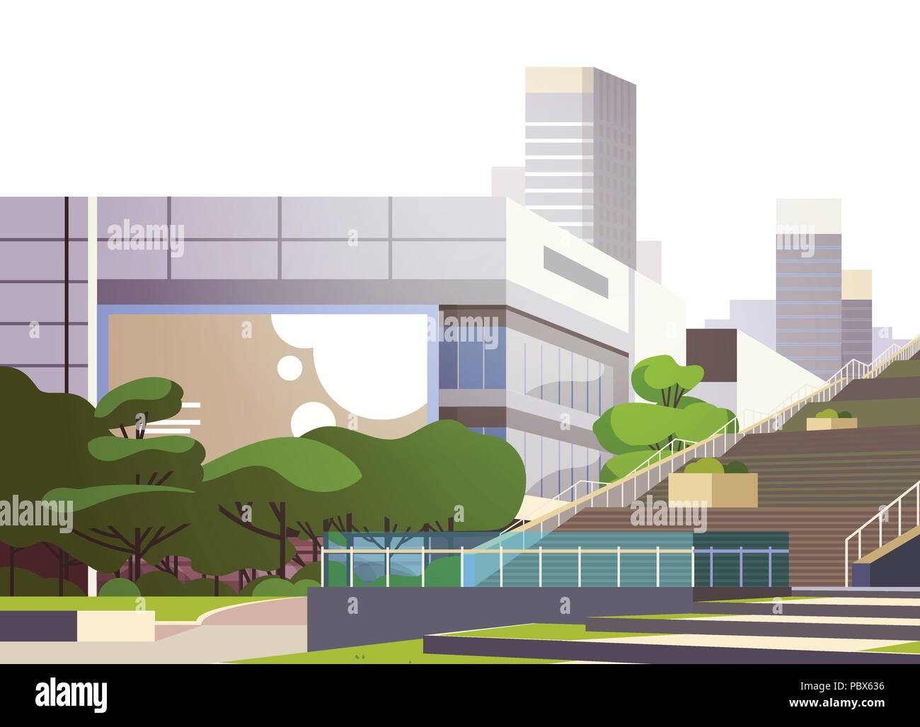 modern office building stairs exterior view over skyscraper buildings ...