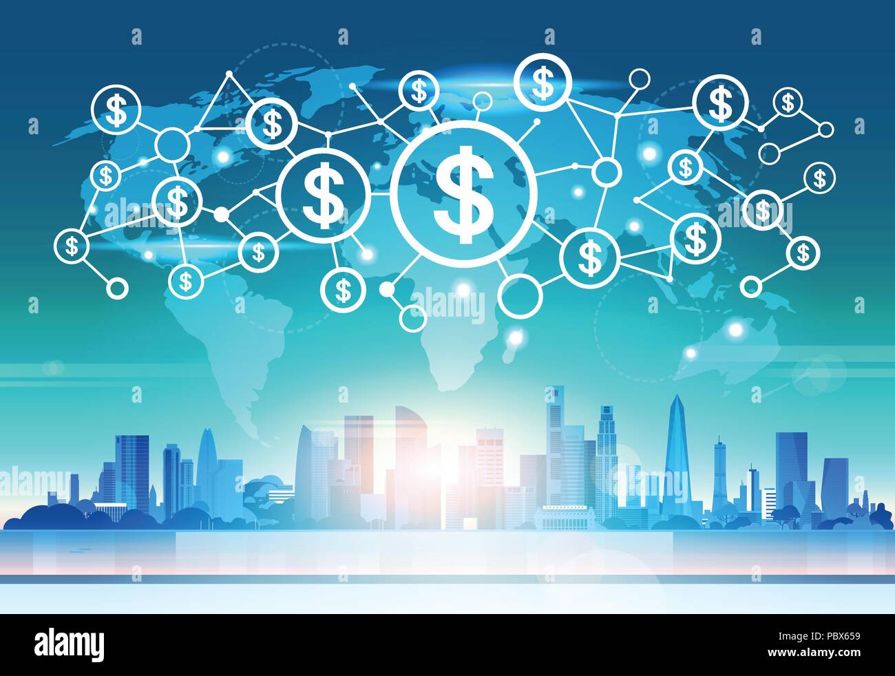 world map futuristic dollar money icon interface network connection ...