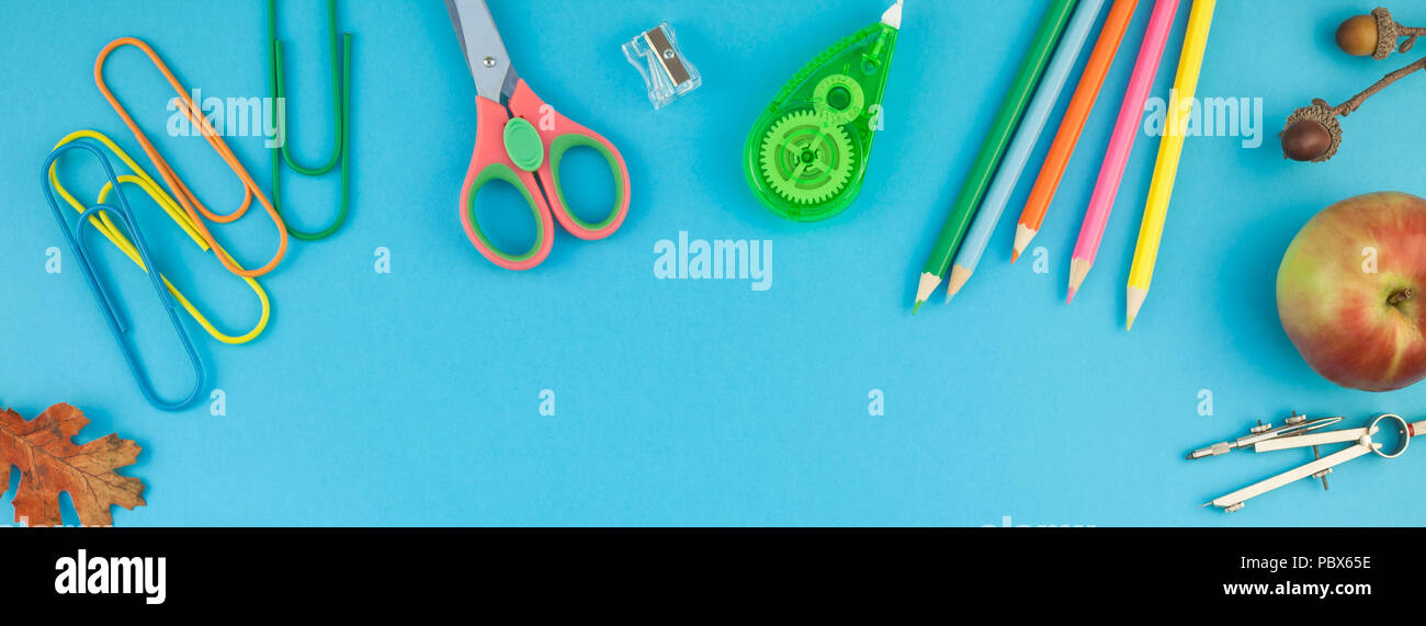 Creative flat lay top view back to school concept with color school and ...