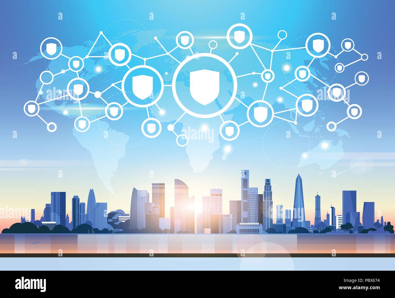 world map futuristic interface shield icon security protection network ...