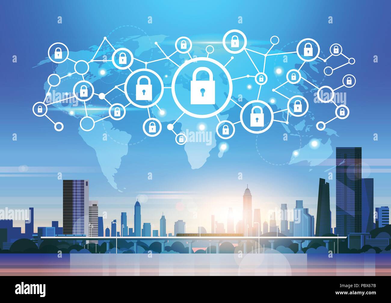 world map futuristic interface padlock icon security protection network ...