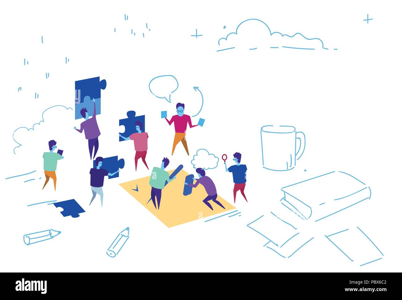 business people putting puzzle pieces team working jigsaw concept ...