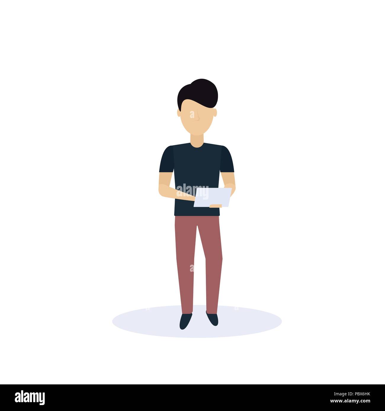 brunette man using tablet standing pose isolated faceless silhouette ...