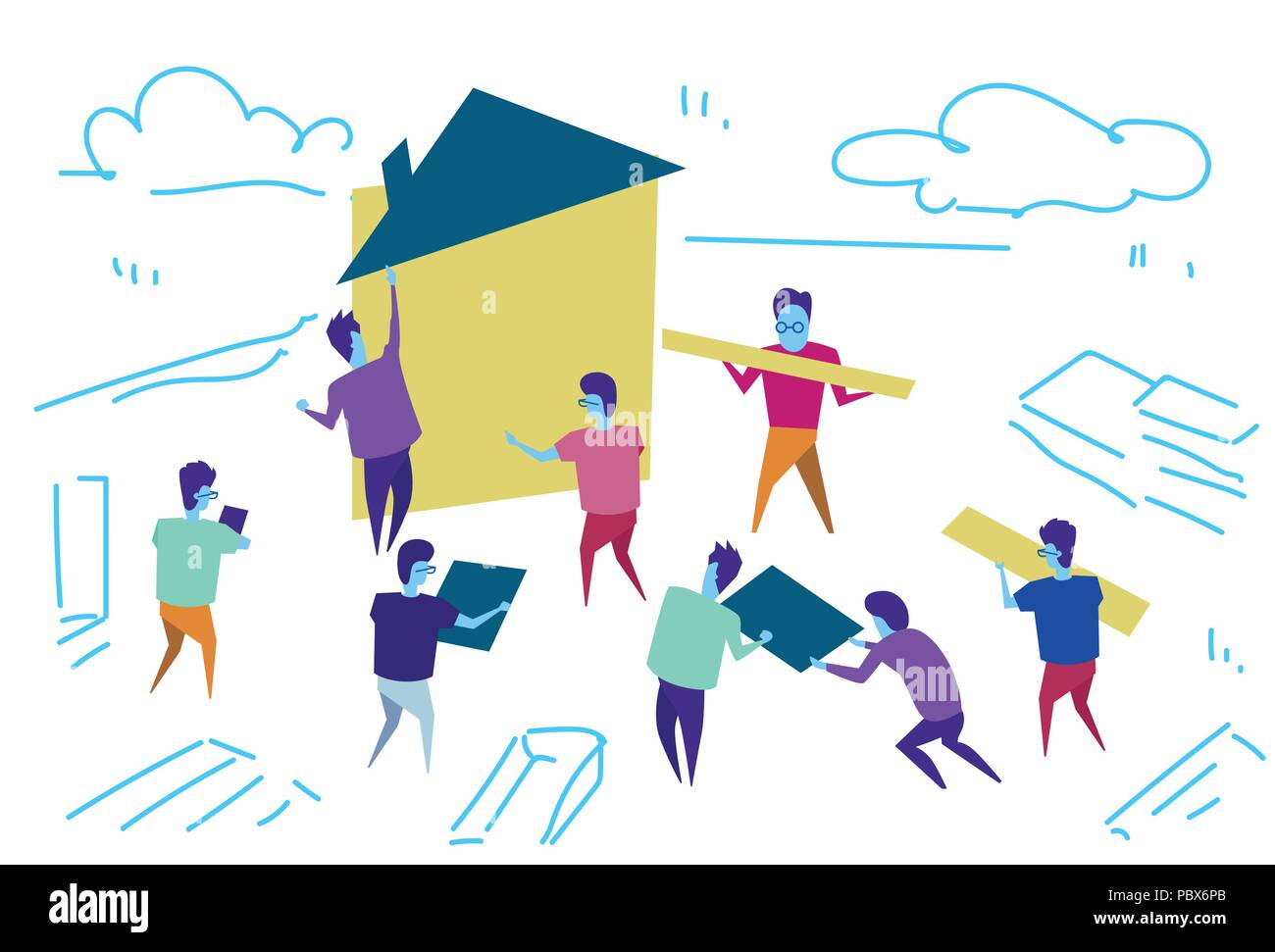 people group construction house workers team building process teamwork concept horizontal sketch ...