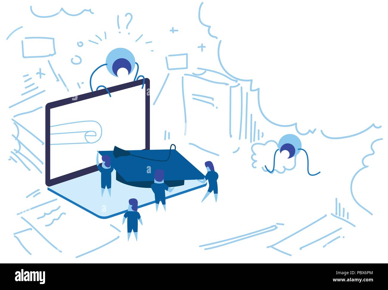 online education people hold graduation cap laptop students teamwork ...