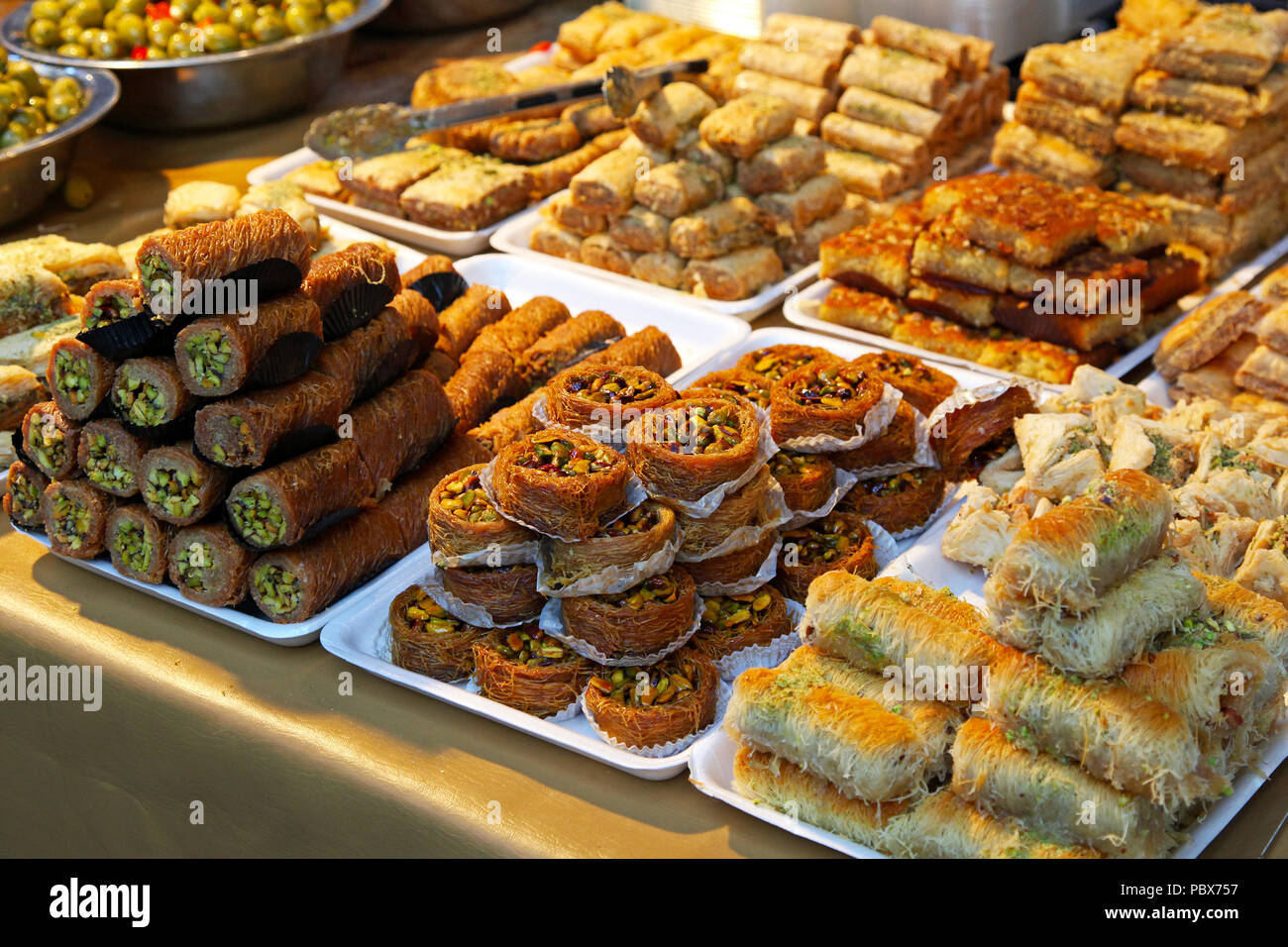 Turkish sweet pastry variety in traditional bakery Stock Photo - Alamy