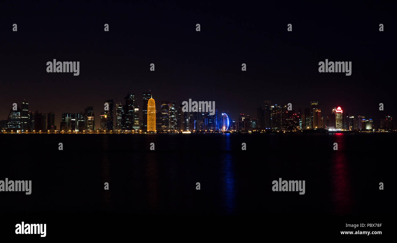 Illuminated Doha City Skyline Night View, Qatar Stock Photo - Alamy