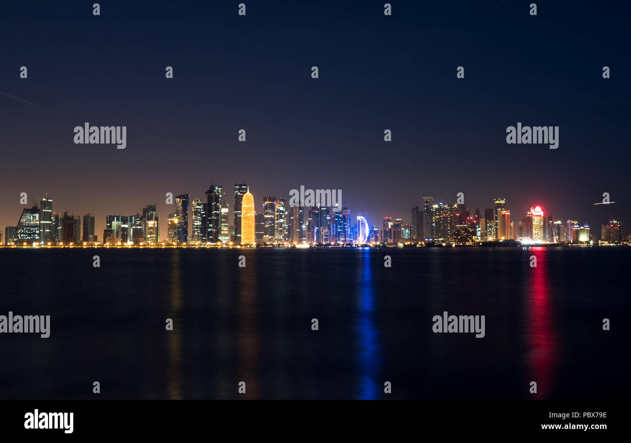 Illuminated Doha City Skyline Night View Stock Photo - Alamy