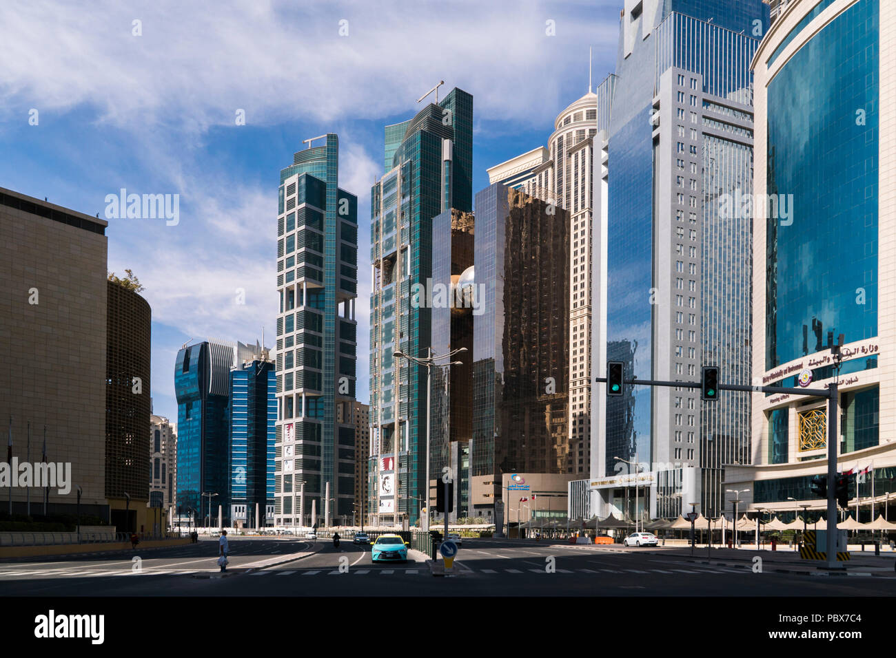 DOHA, QATAR - FEB 2018: Wide Angle Shot of Modern Blue High Skyscrapers ...