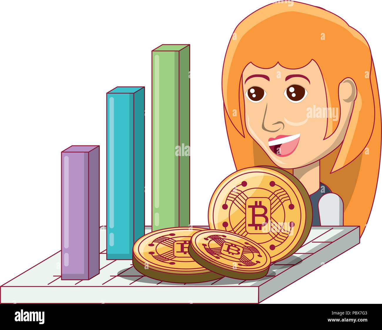 bar chart with cartoon woman and cryptocoins over white background ...