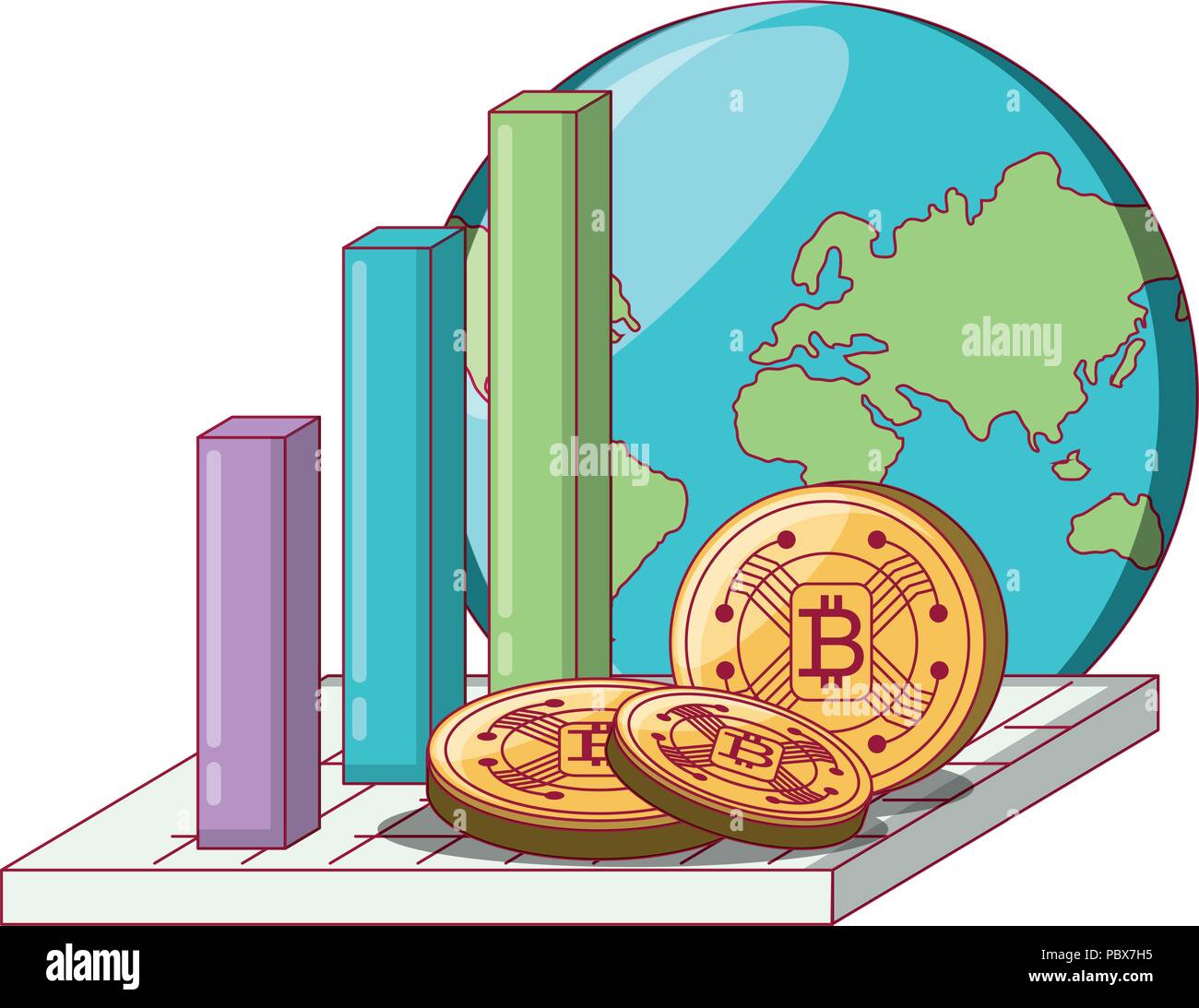 bar chart with earth planet and cryptocoins over white background ...
