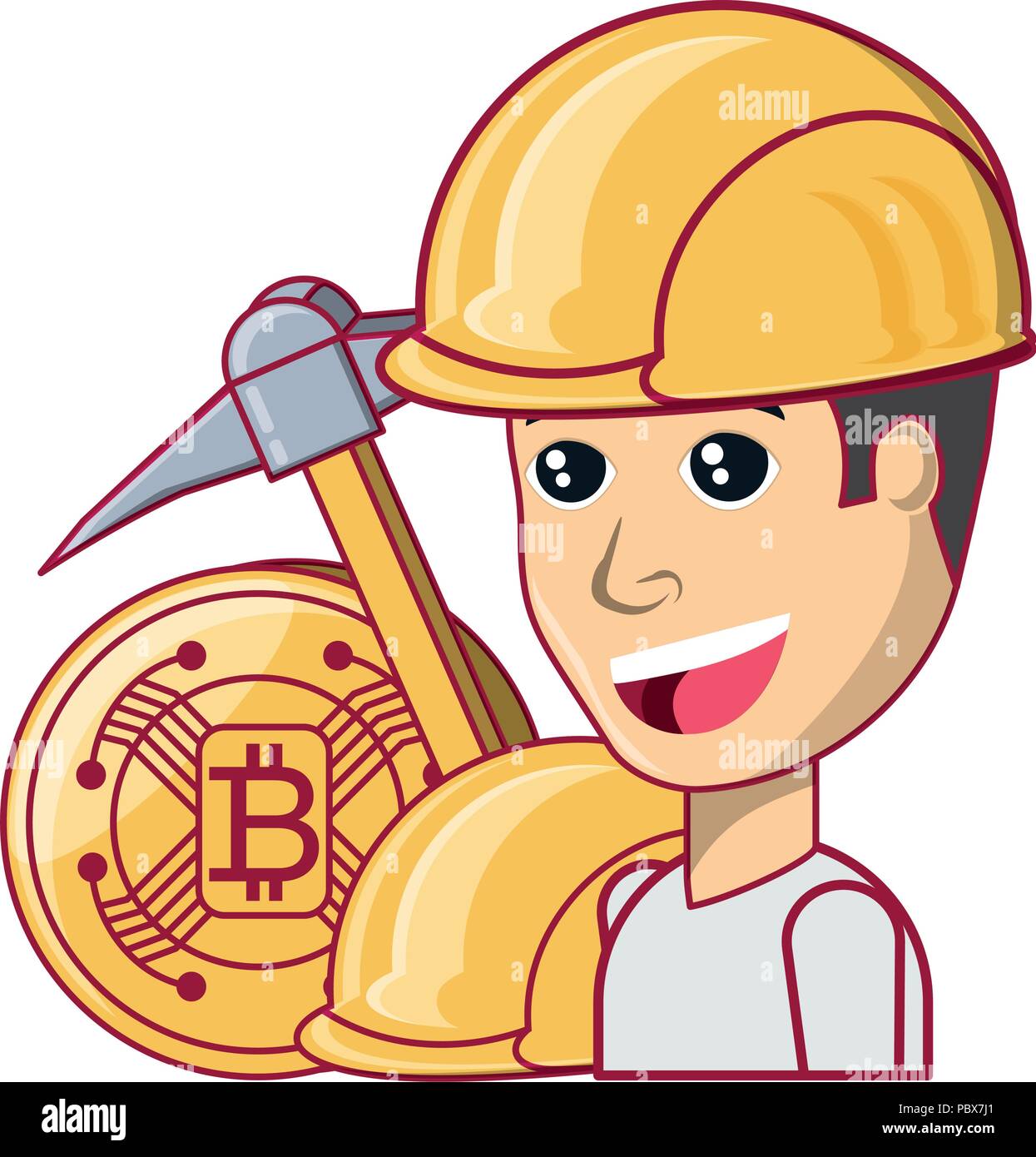 bitcoin coin with cartoon man and pickaxe tool over white background ...