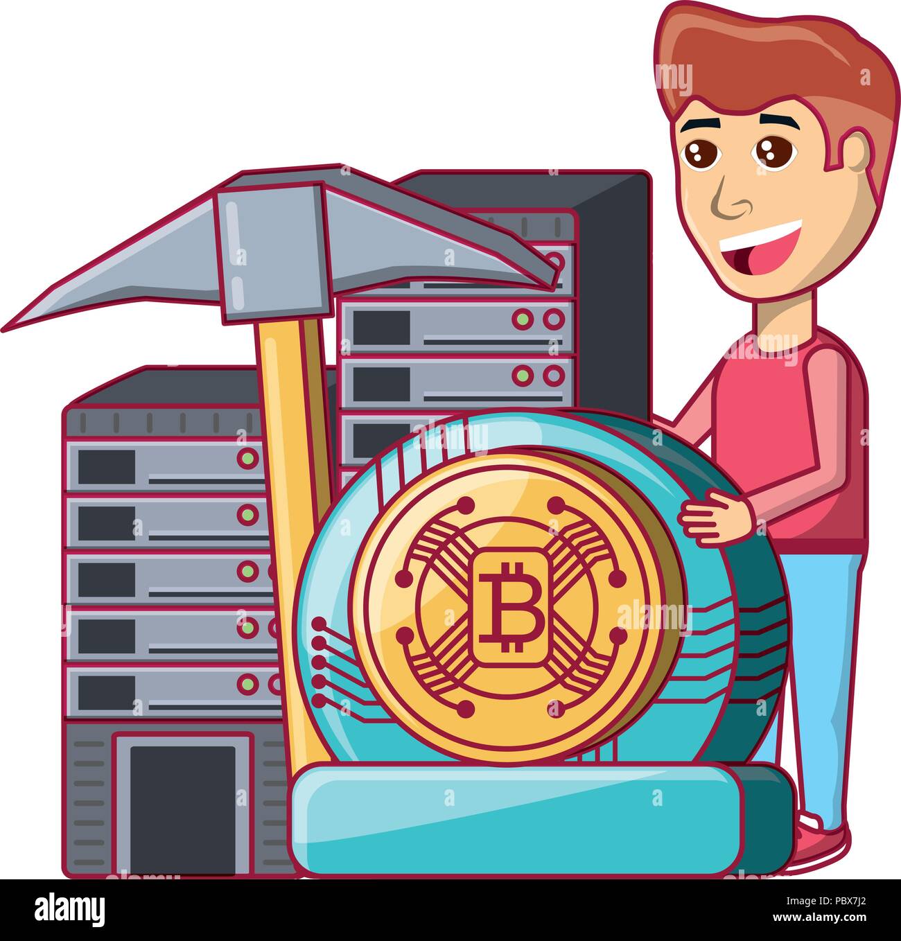 Cryptocurrency mining design with cartoon man with database servers and ...