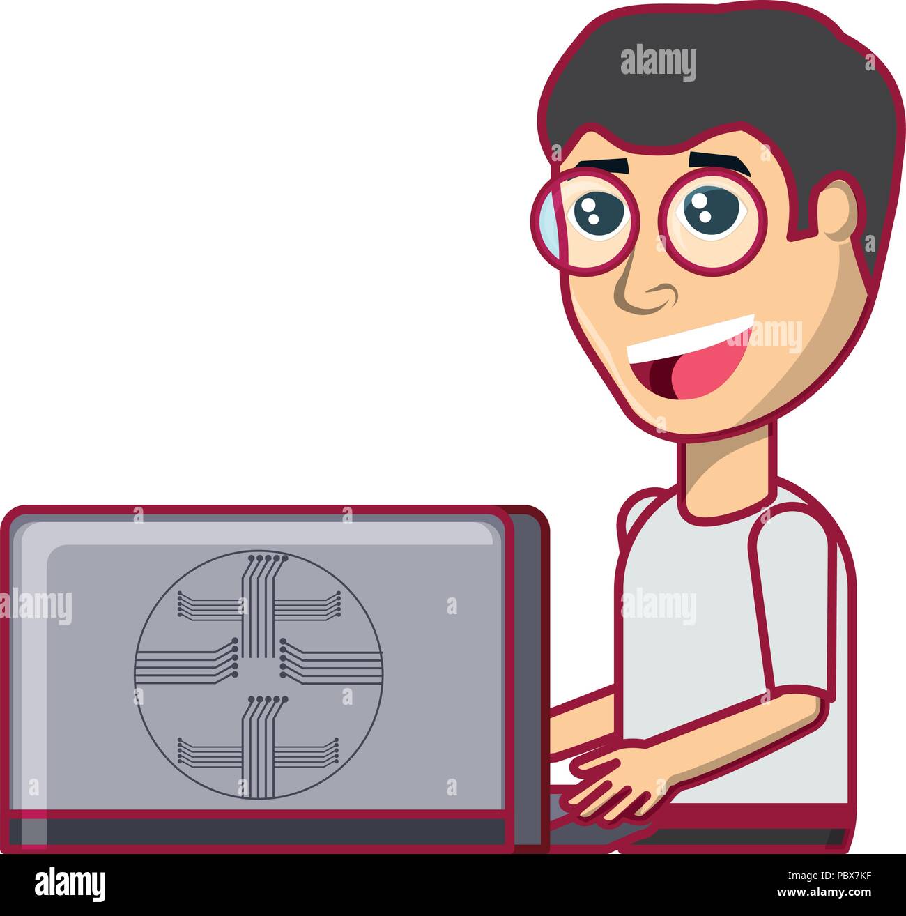 cartoon man with laptop computer over white background, vector ...