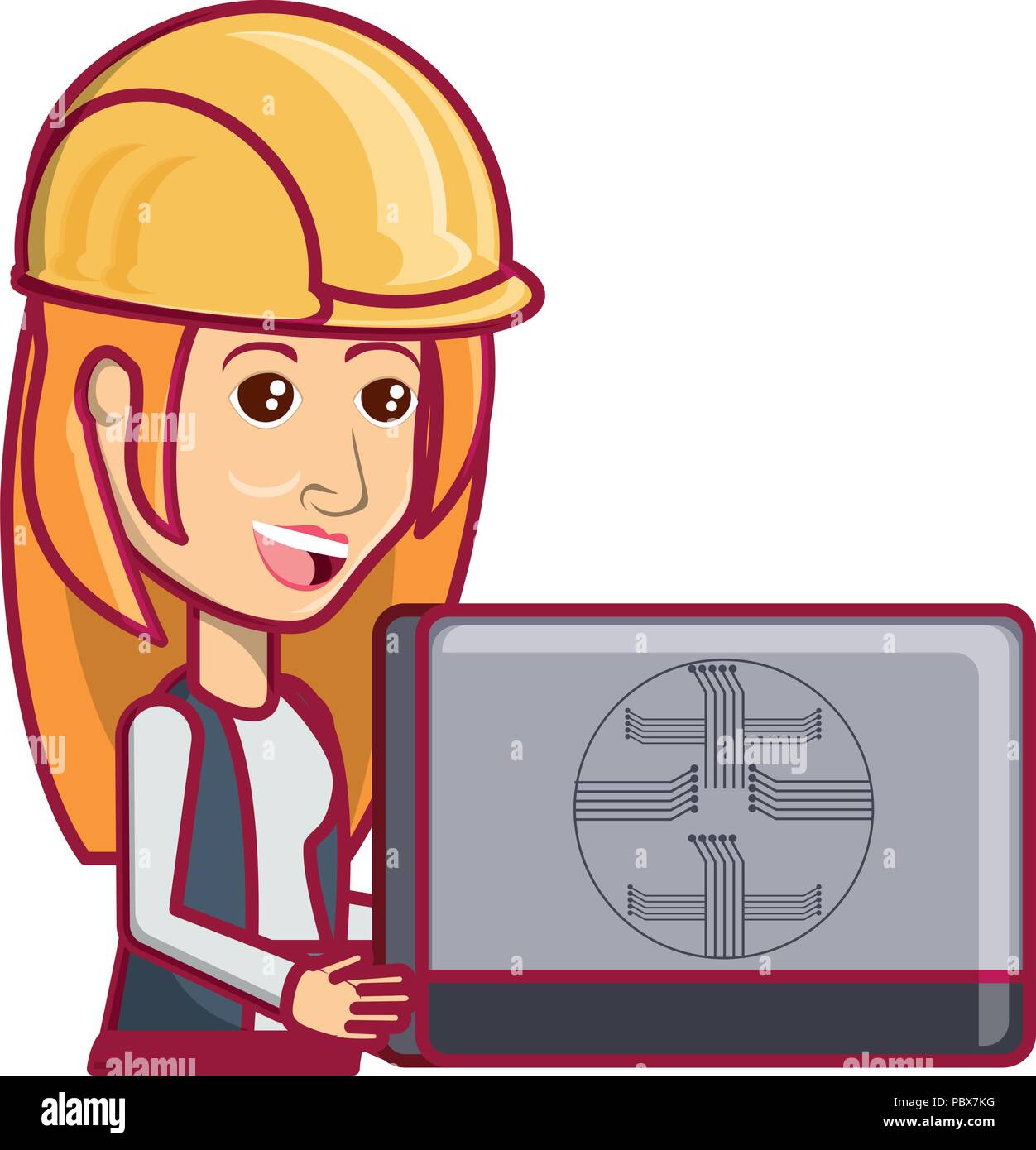 cartoon woman with safety helmet and using a laptop computer over white ...