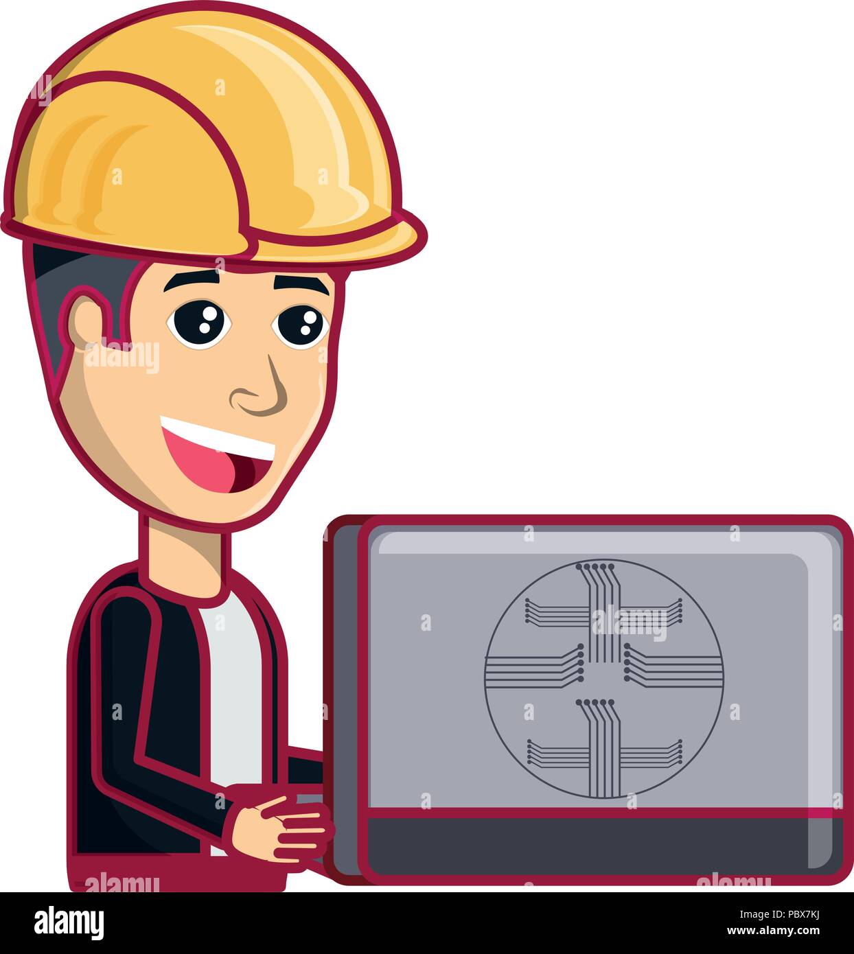cartoon man with safety helmet and using a laptop computer over white ...