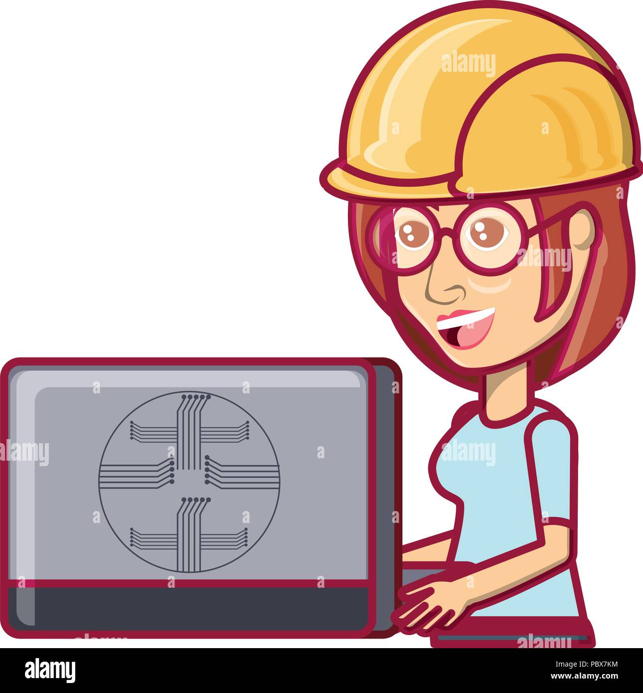 cartoon woman with safety helmet and using a laptop computer over white ...