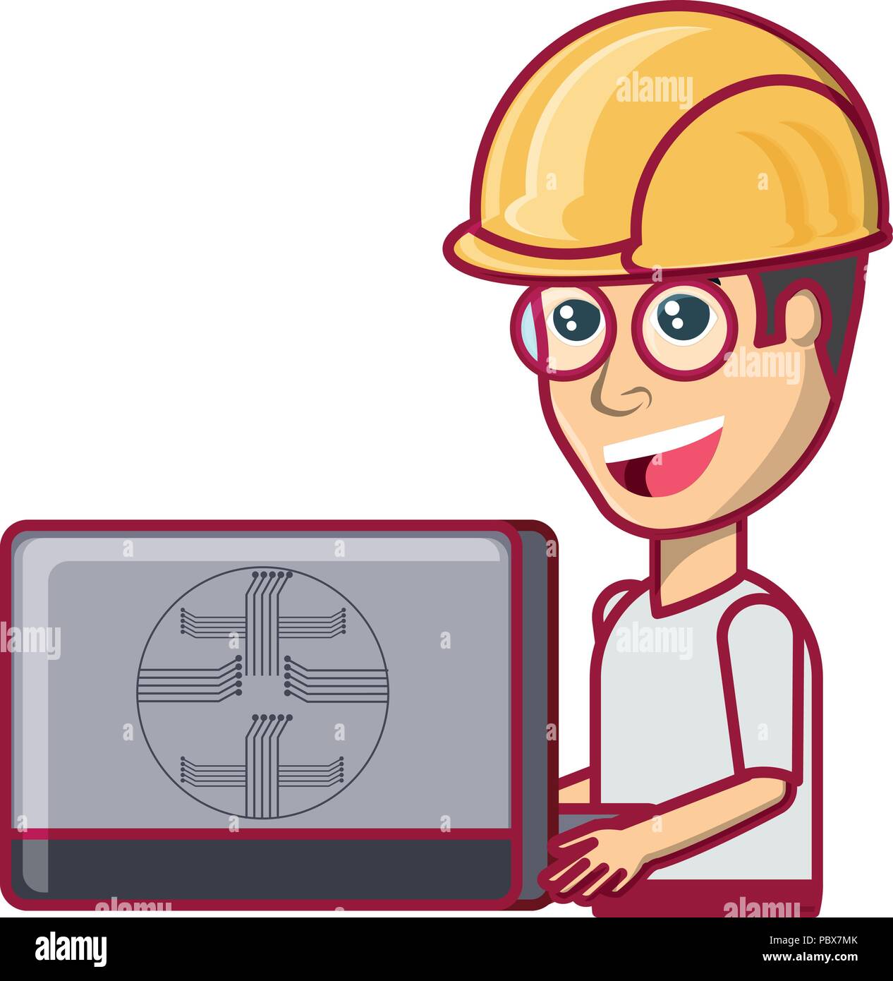 cartoon man with safety helmet and using a laptop computer over white ...