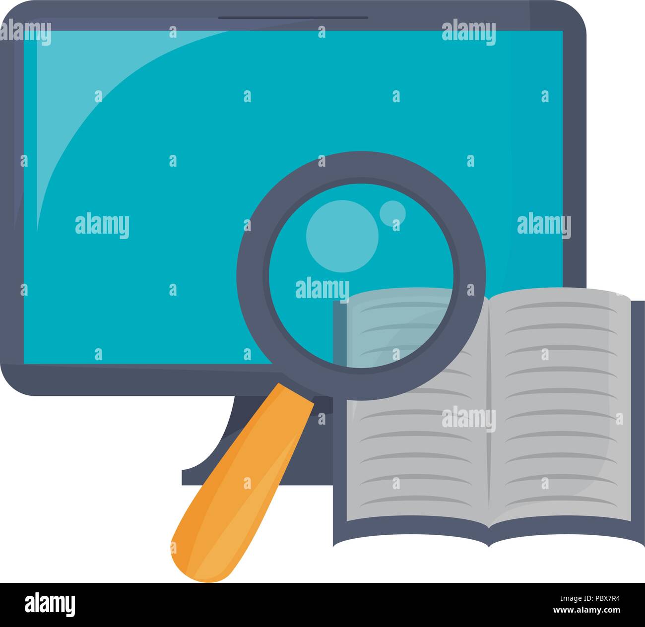 computer with book and lupe over white background, vector illustration ...