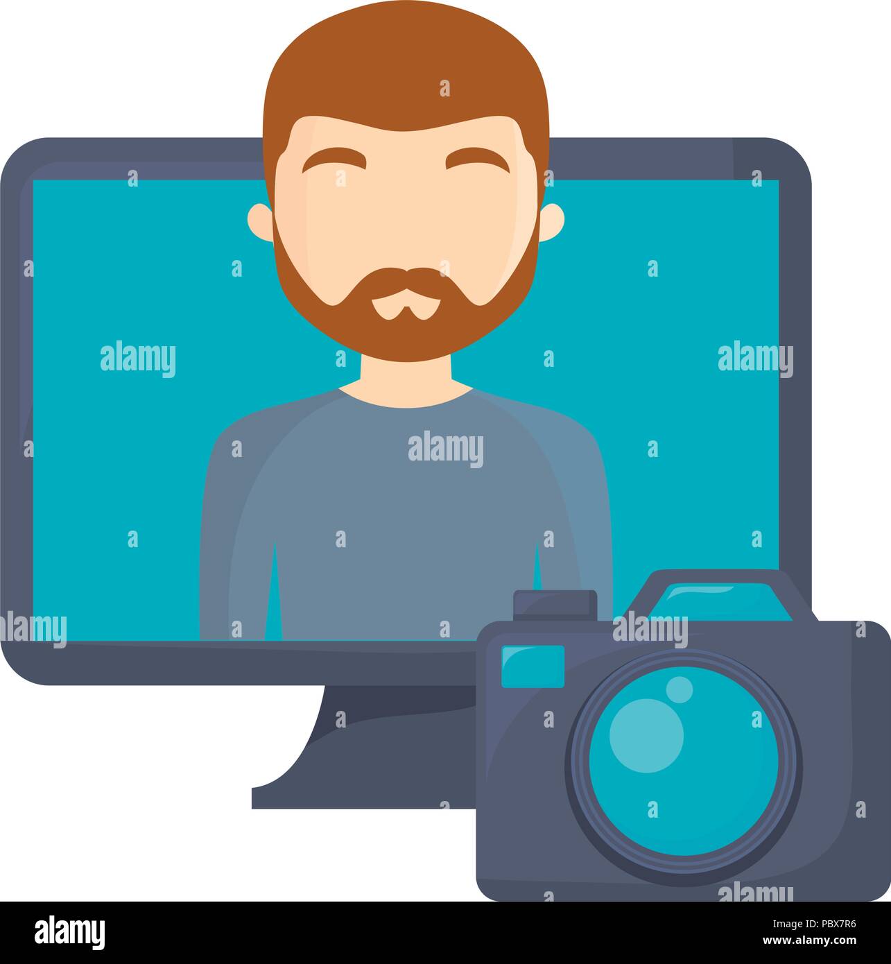 computer with man and camera over white background, vector illustration ...