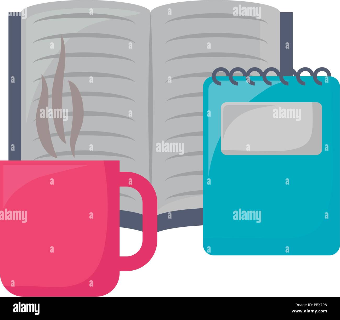 book with coffee mug and notepad over white background, vector ...