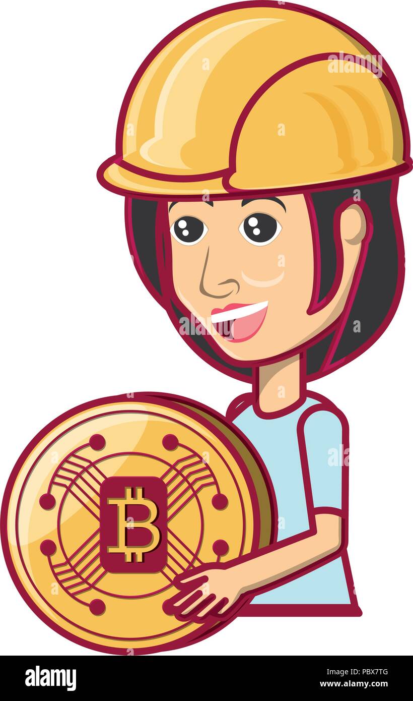 cartoon woman with safety helmet and bitcoin coin over white background ...