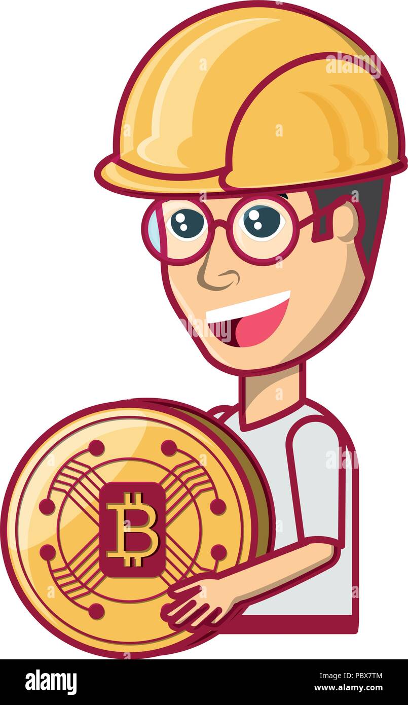 cartoon man with safety helmet and holding a bitcoin coin over white ...