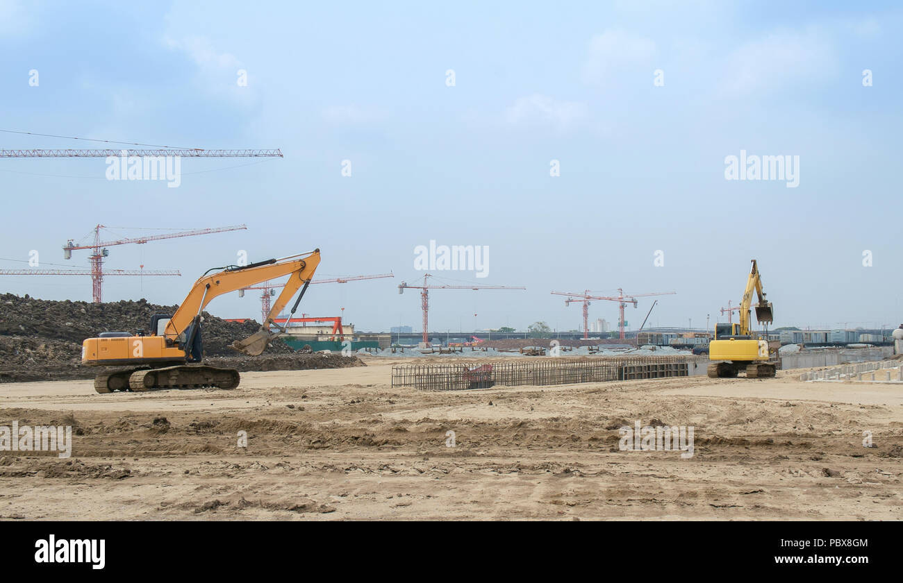 View of excavator machine working in construction site. Movement Stock ...
