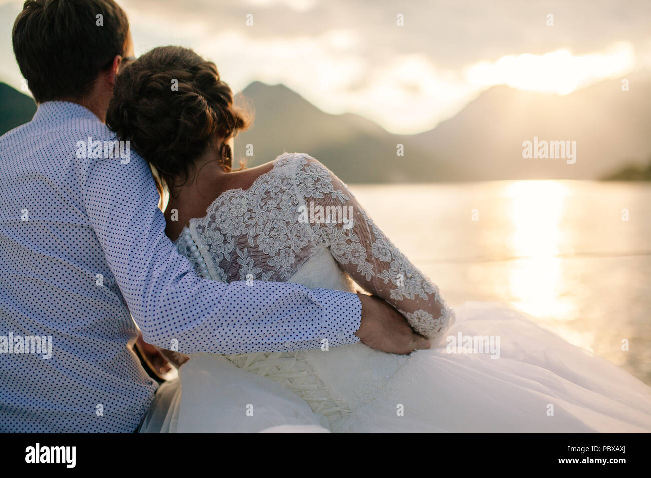 wedding couple travel at sunset. honeymoon in Europe. Montenegro Stock ...
