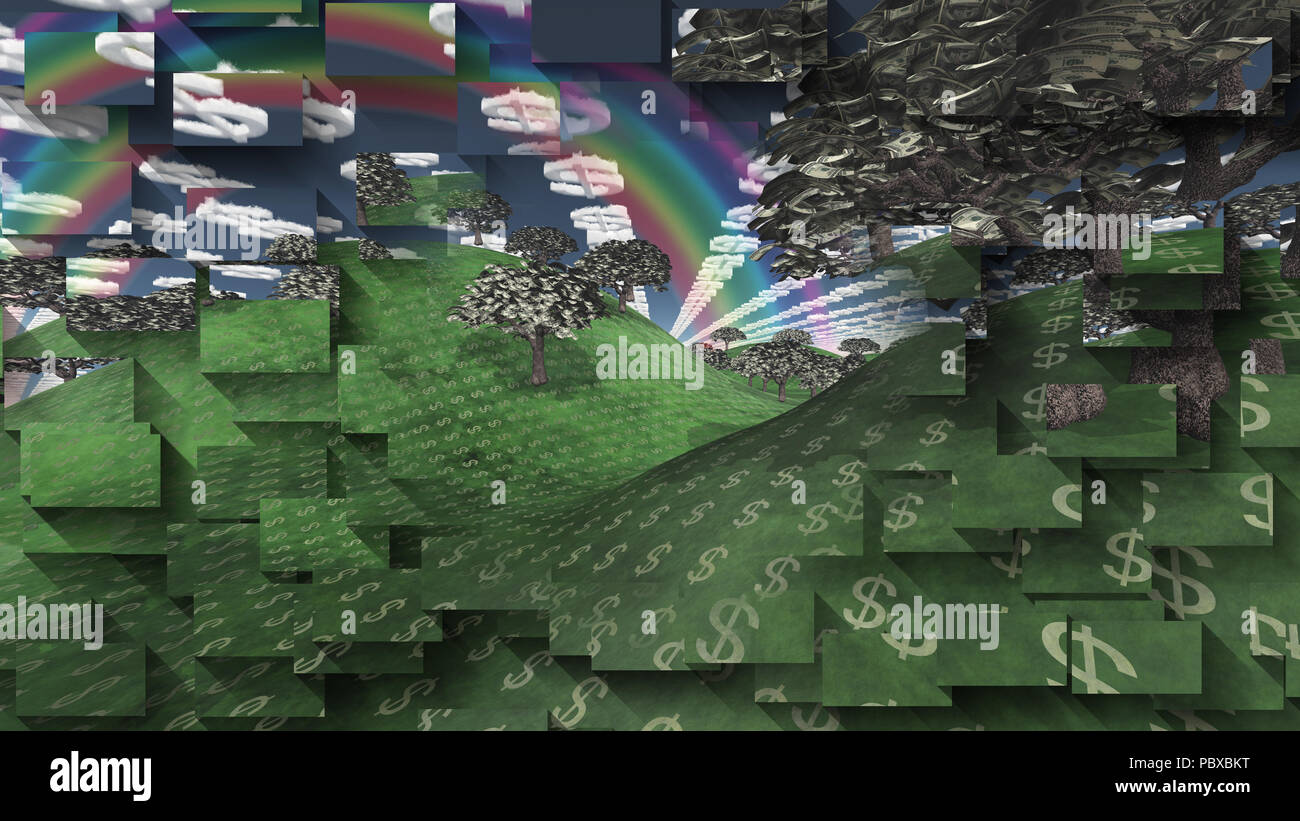 Surreal digital art. Landscape with currency elements. Trees with ...