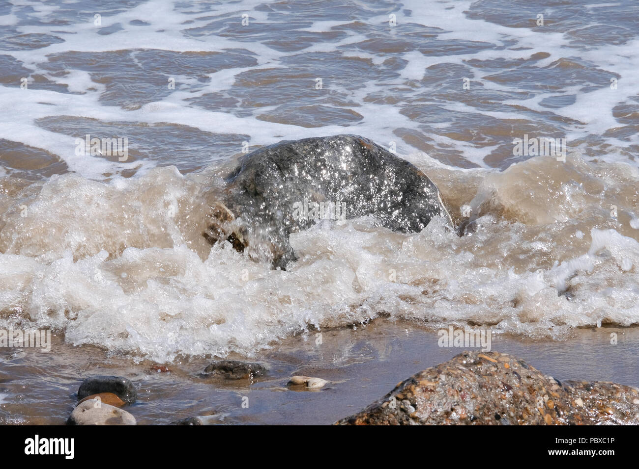 Concept close up images of waves washing over rocks and splashing up ...