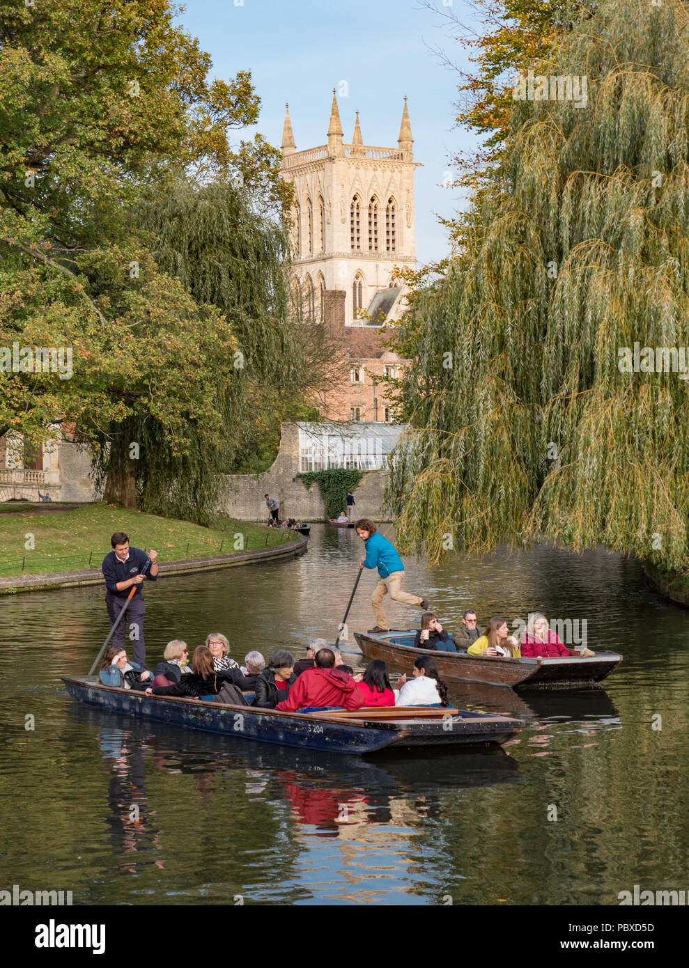 Cambridge visitors in punts on the River Cam in Cambridge, England UK ...