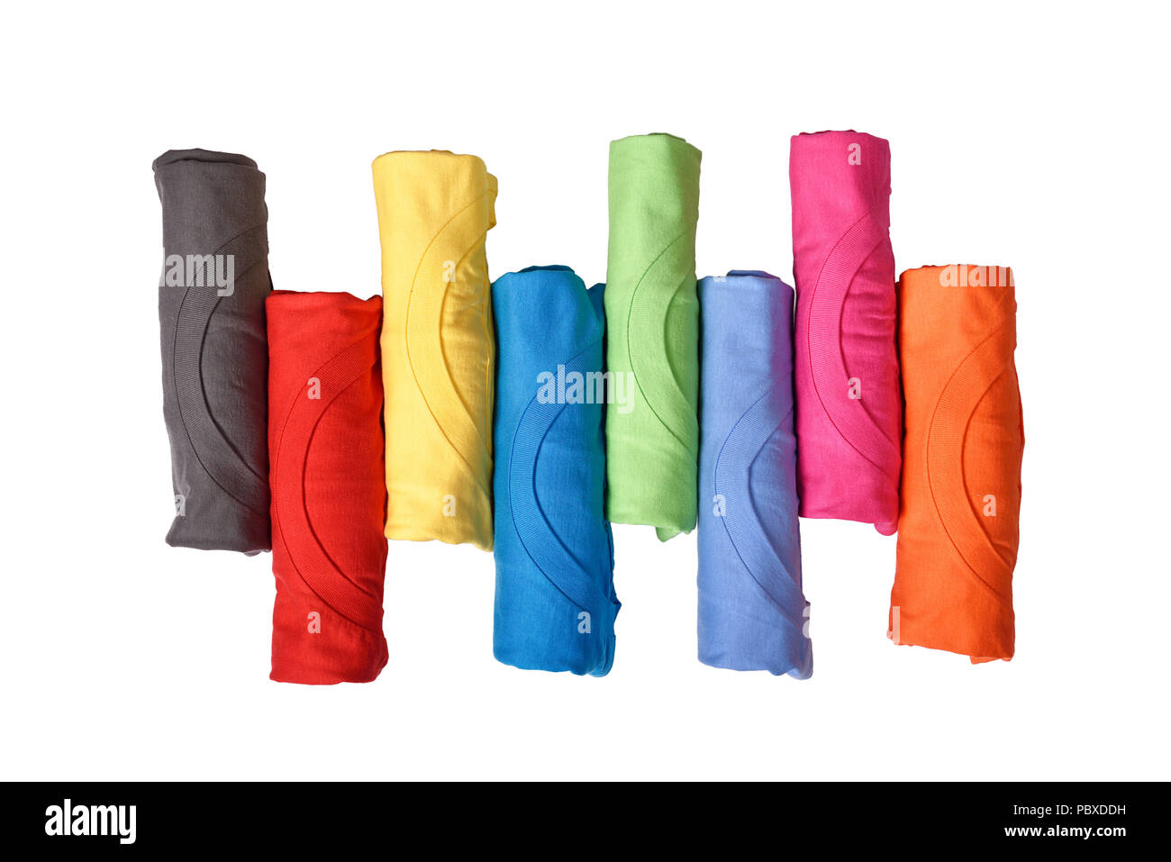 Row of colorful rolled clothes isolated over white background Stock ...