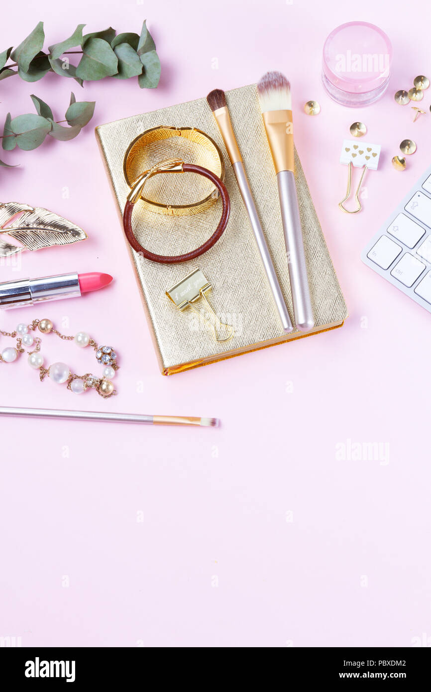 Flat lay home office workspace - female diary with accessories and ...