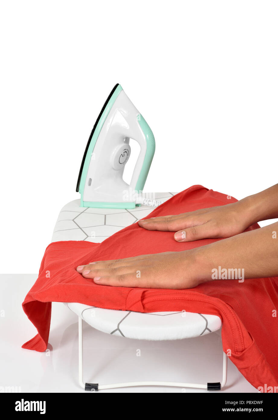 Male hand prepare the clothes to ironed on ironing board isolated over ...