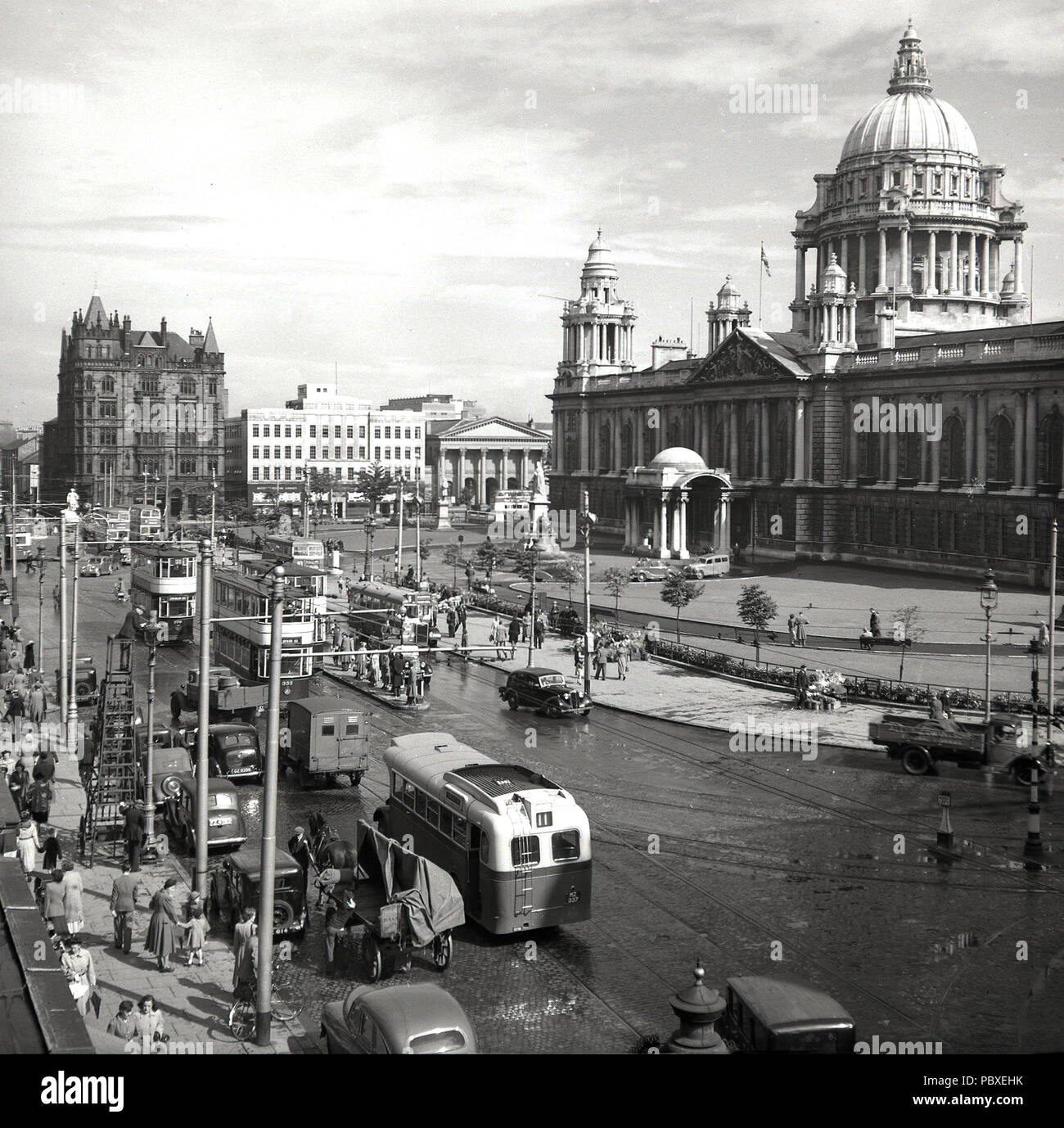 1950, historical, a view of Donegal Square at City Hall, Belfast ...