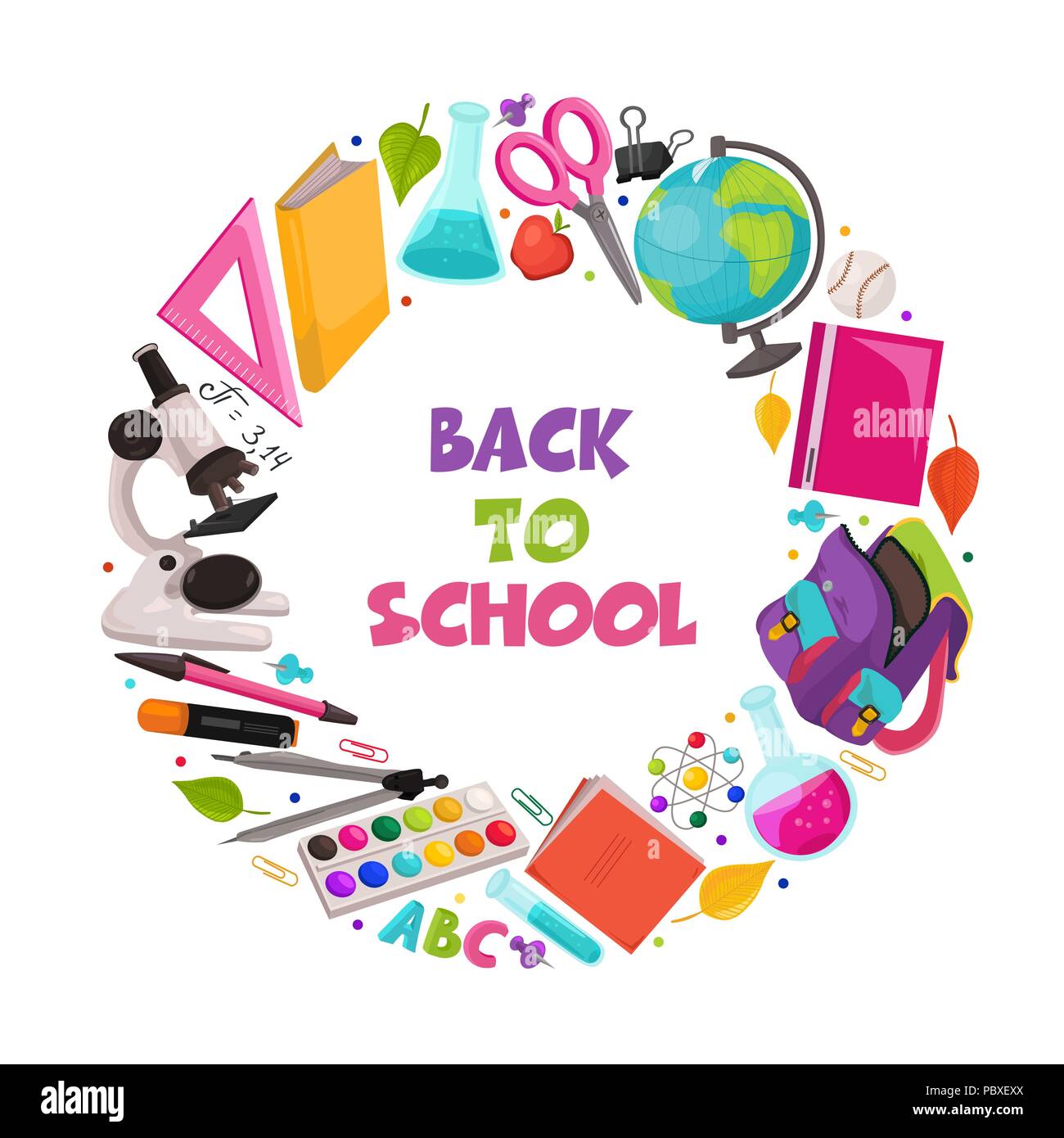 Hand drawn school objects in circle composition around text. Vector ...