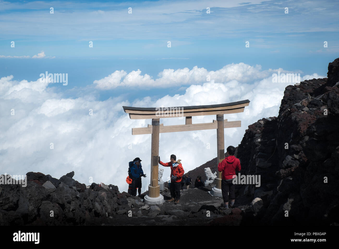 Torii gate on the summit of mount Fuji in Japan (3776 meter Stock Photo ...