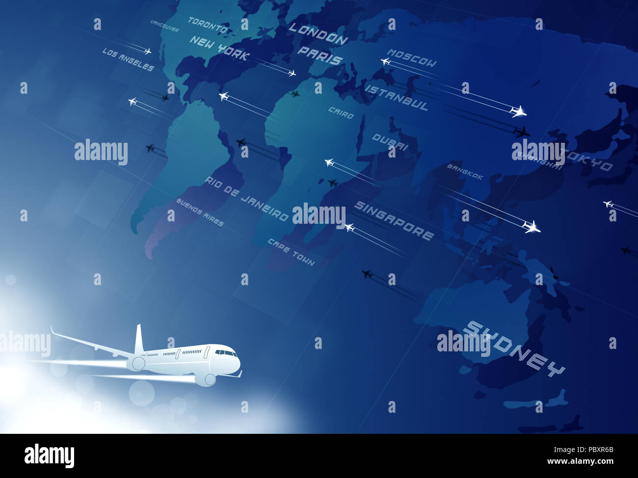aviation background with many planes on map with cities names Stock ...