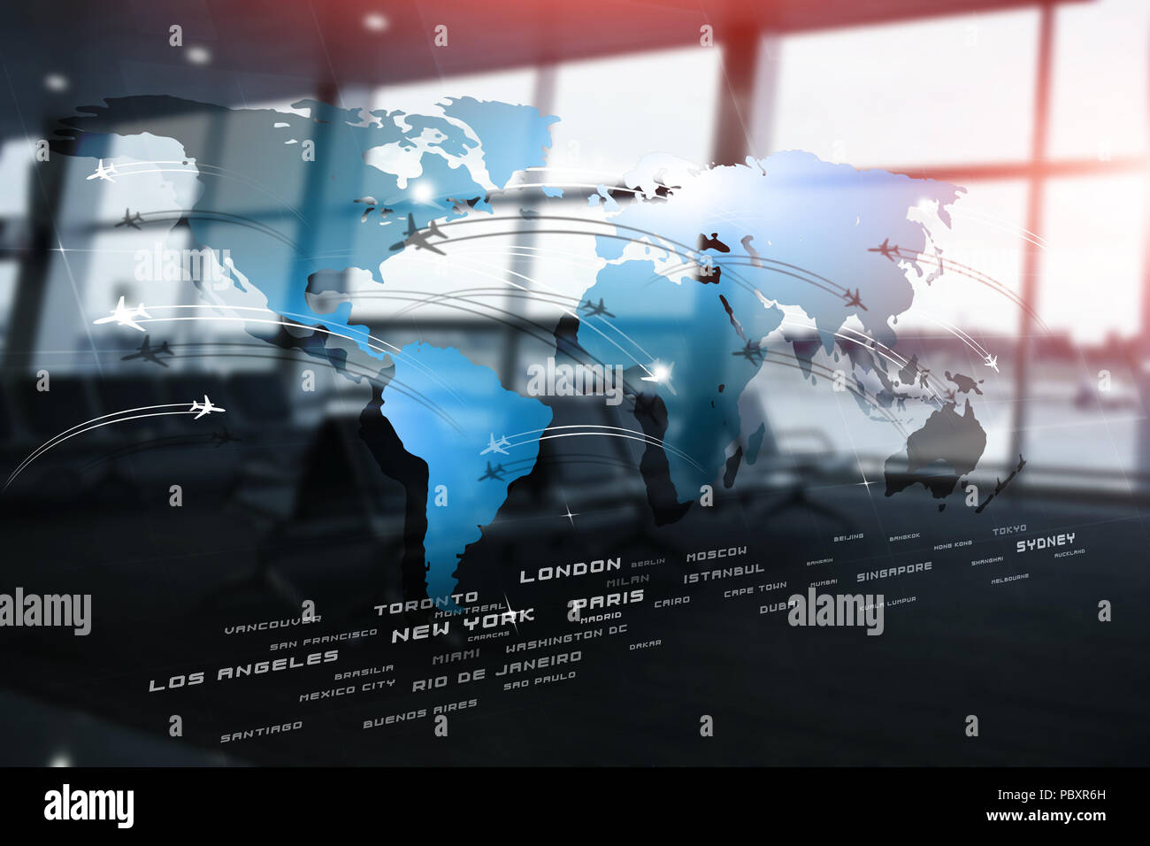 business aviation background with planes and blurred airport terminal ...